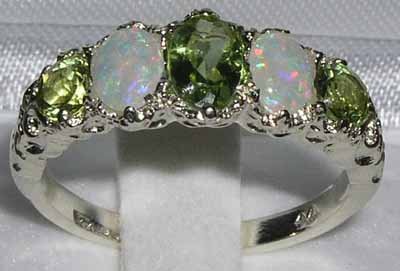 LetsBuyGold 14k White Gold Natural Peridot and Opal Womens Anniversary Ring - Size 4.25