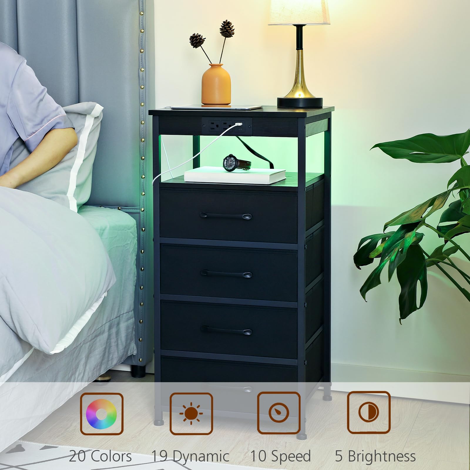 LOAKEKEL Night Stand Set 2, Tall Nightstand with Charging Station, LED End Tables with USB C Ports and 2 Outlets, Bedside Table with 4 Fabric Drawers, Dresser for Bedroom, Black, HNS024BK