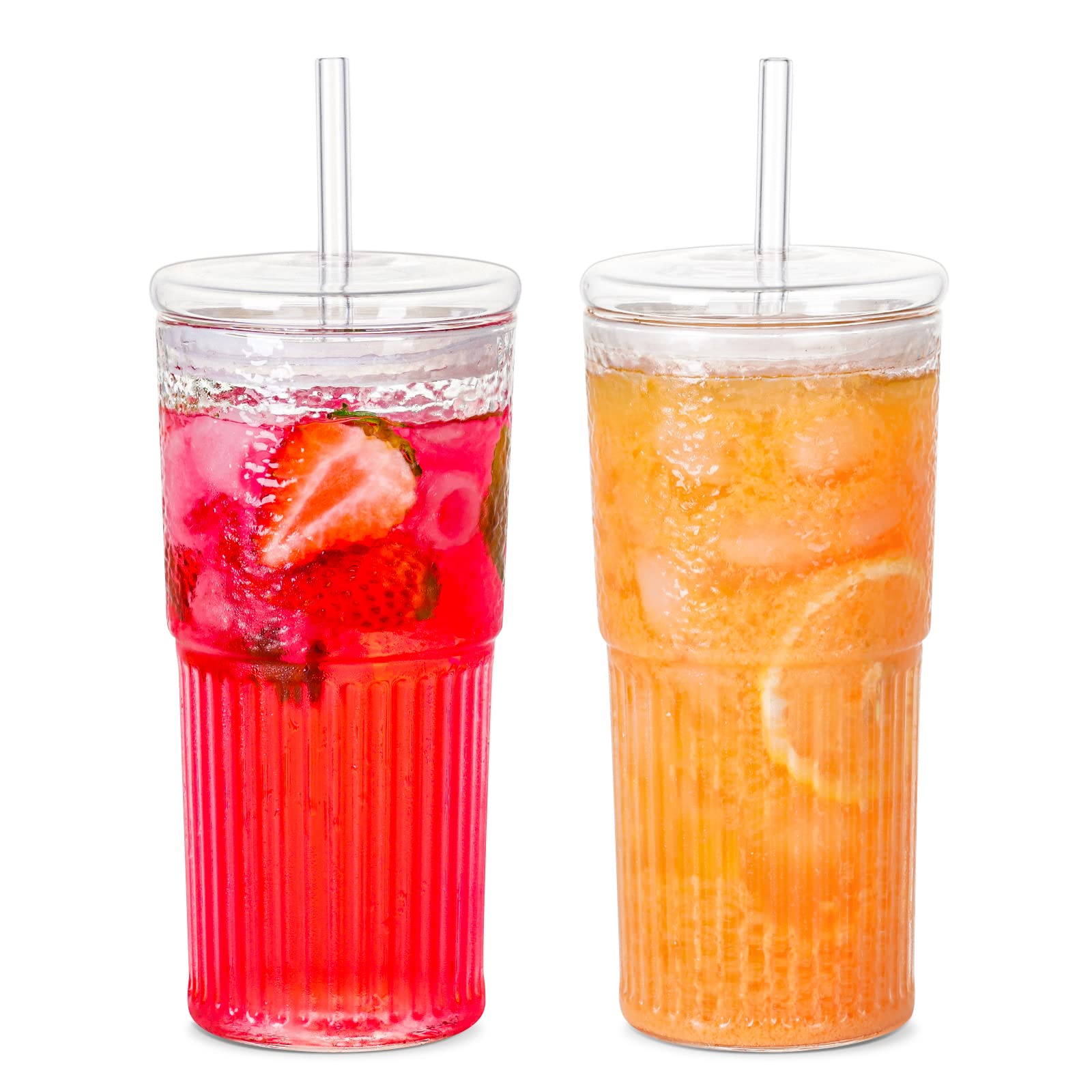 QWEZXO Glass Cups With Lids and Glass Strawsļ¼20 OZ High Borosilicate Glass Tumbler Iced Coffee Water Smoothieā¦