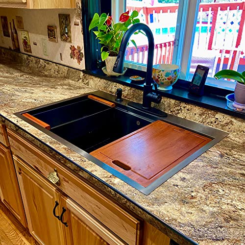 Strictly Sinks 33β Topmount Kitchen Workstation Sink-Gunmetal Black Single Bowl 16 Gauge Stainless Steel Drop In Sink, Acrylic Cutting Board,Cutting Board with Strainer Bowl & Bottom Protector Grid