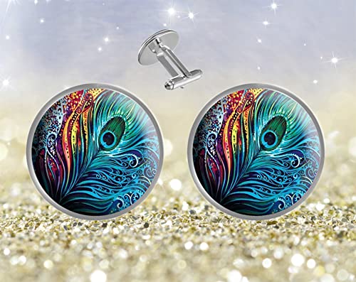 LCTCKP Custom Personality Men's 2PCS Fashion Dazzling Shirt Cuff links Initial Silver Round Wedding Cufflinks (Peacock Feather)
