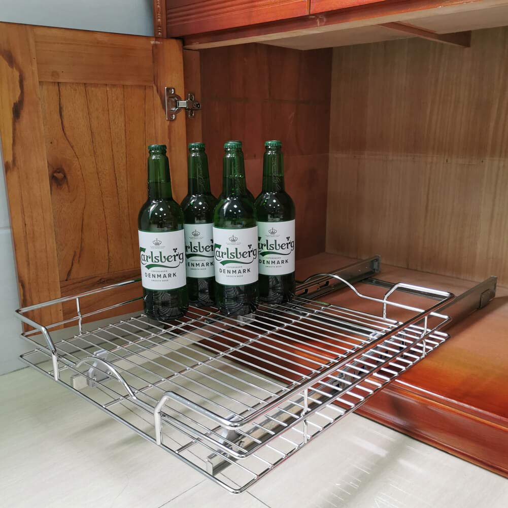 Pull Out Cabinet Organizer(11" W x 21" D x 5" H, 1 Tier Heavy Duty Slide Out Kitchen Cabinet Shelves, Sliding Drawer for Cabinet, Wire Frame, Chrome Finish
