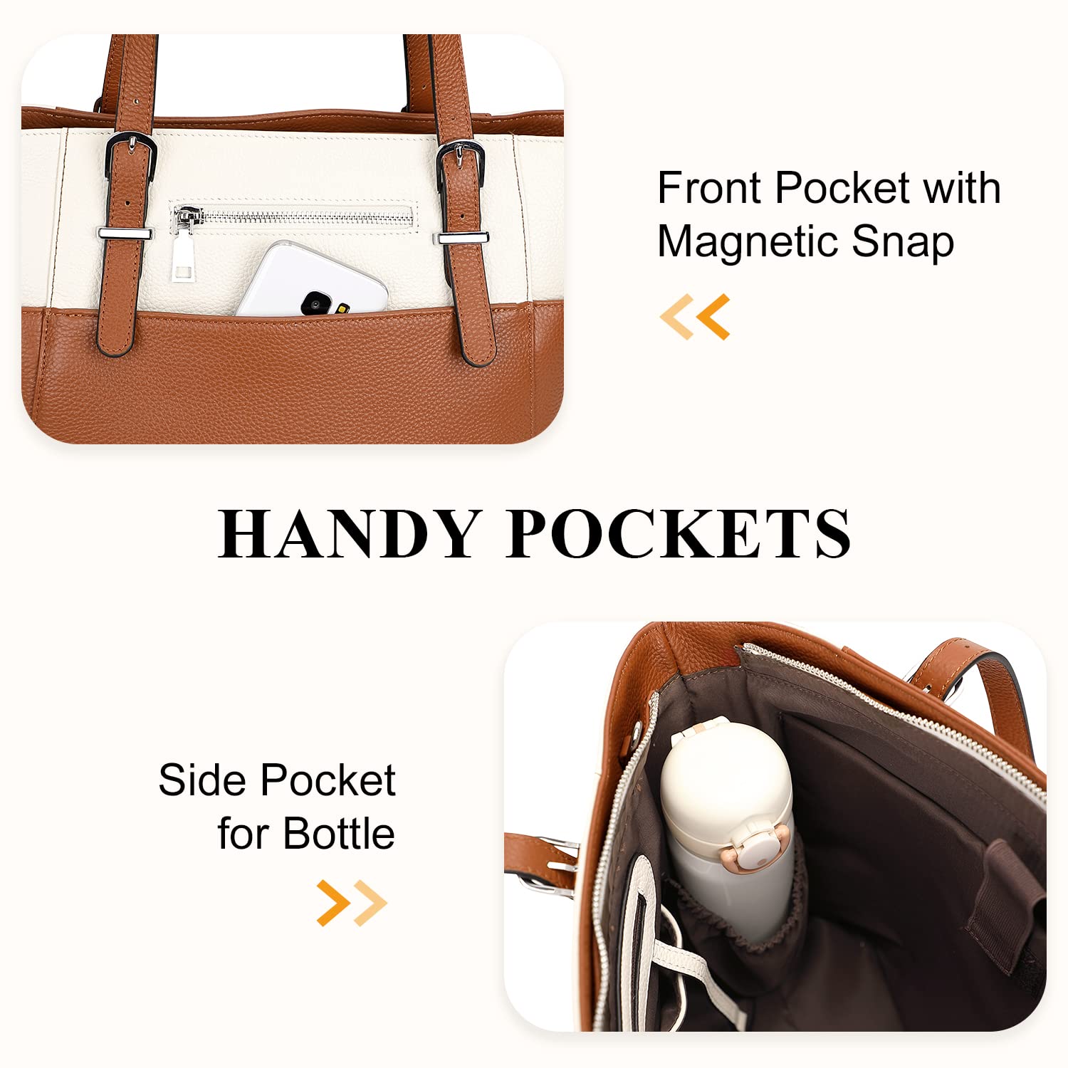Over Earth Women Leather Handbags Genuine Leather Tote Shoulder Bag Crossbody with Multi Pockets(O105E Brown with White)