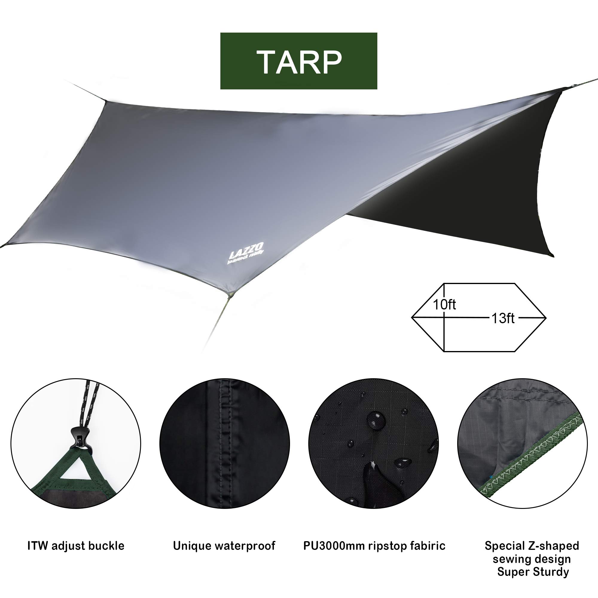 LAZZO Camping Hammock Set All-Inclusive,Double Hammock,Bug Net,Tarp,Suspension,Guyline,Stakes and Backpack,Perfect for Backpacking,Camping,Hiking & Yard (Olive, 10)