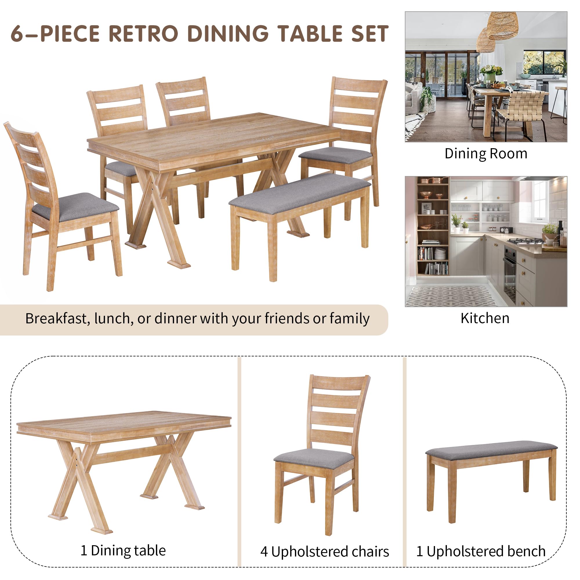 LIADTOP 6-Piece Set, Retro 59" L Rectangular Table with Unique Legs and 4 Upholstered Chairs & 1 Bench, Dining Room and Kitchen,Natural Wood Wash