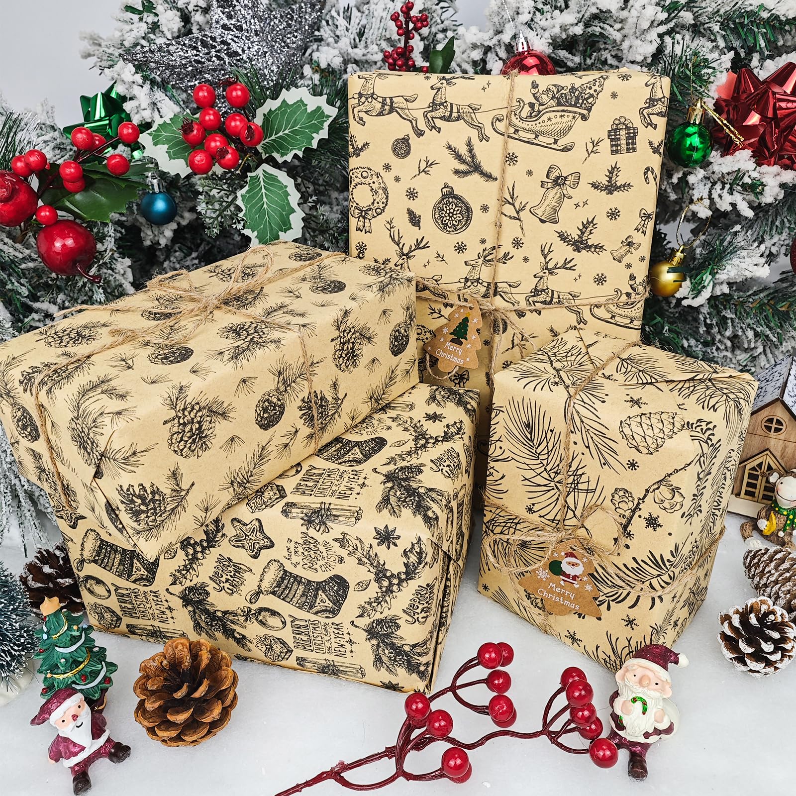 LDGOOAEL Mini Short Small Christmas Wrapping Paper Roll with Cut Lines on Reverse (17" X 120" Per Roll) - Red Gift Wrap with Santa&Snowflake&Plaid Design for Holiday, Birthday,Wedding