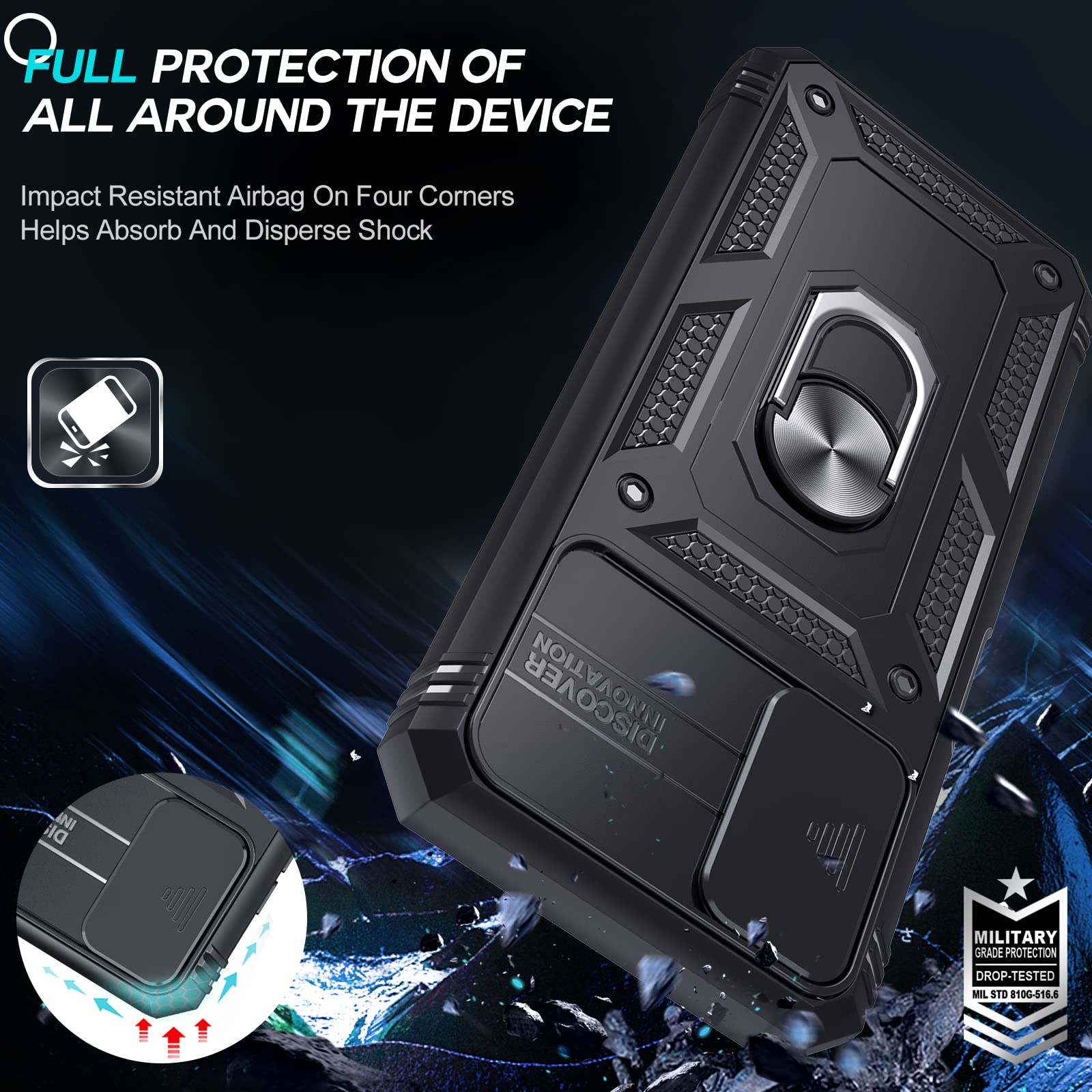 LeYi Samsung A03s Cellular Phone Case, Mint 360 Full Body Military-Grade Protection, Slide Camera Cover, Rotable Magnetic Ring Kickstand, 2 Packs Tempered Glass Screen Protector