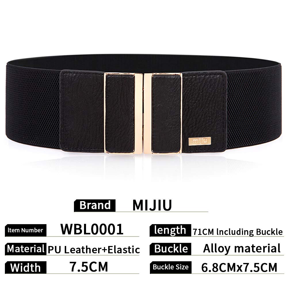 MIJIU Elastic belts for women 3" Wide Stretch Waistband Cinch Belts Black belt With gold buckle
