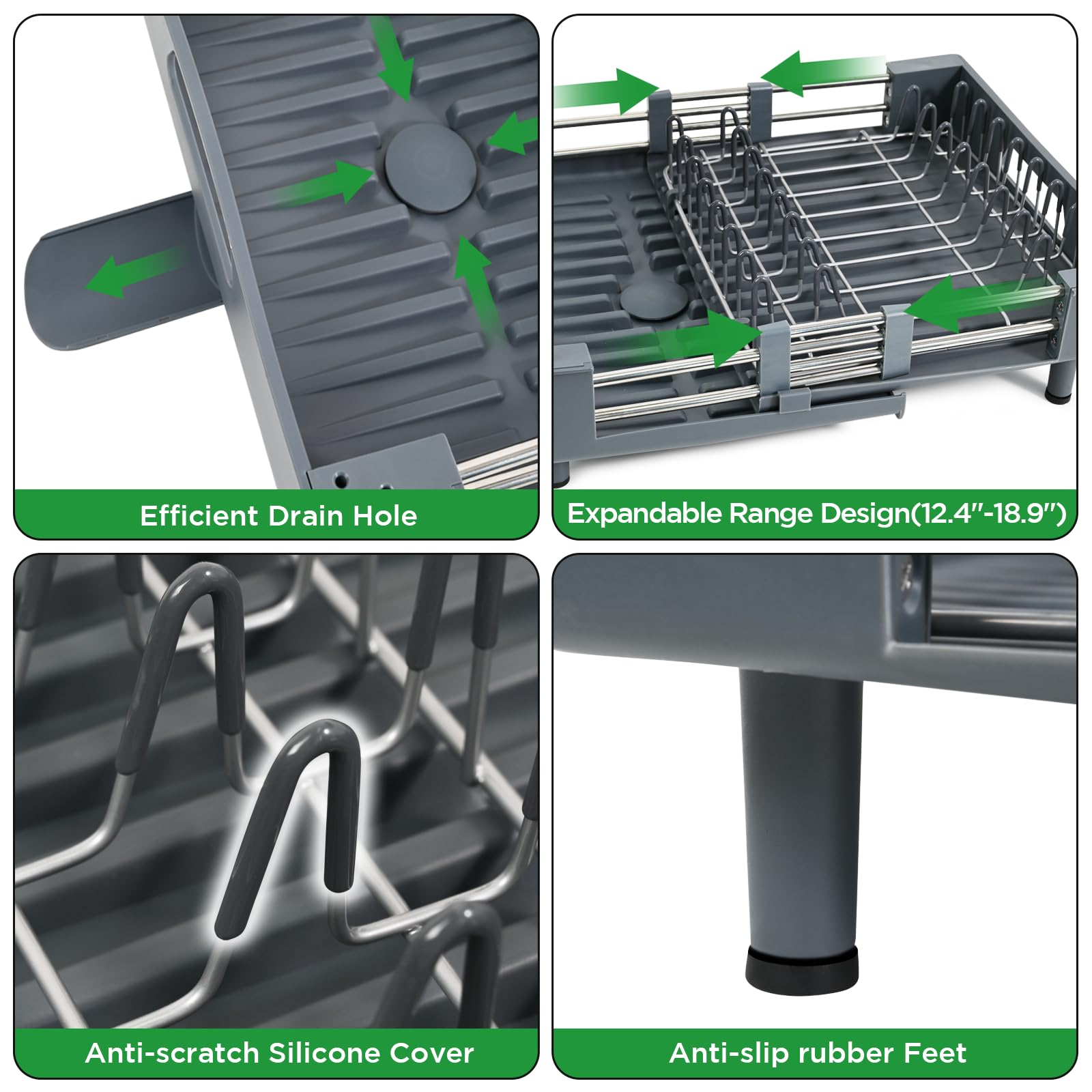 Ollieroo Dish Drying Rack, Rustproof Dish Racks for Kitchen Counter with Removable Utensil Holder,Knife Slots and Cups Holder,Large Capacity Drying Rack for Storage Plates Bowls Cups Utensil(Grey)