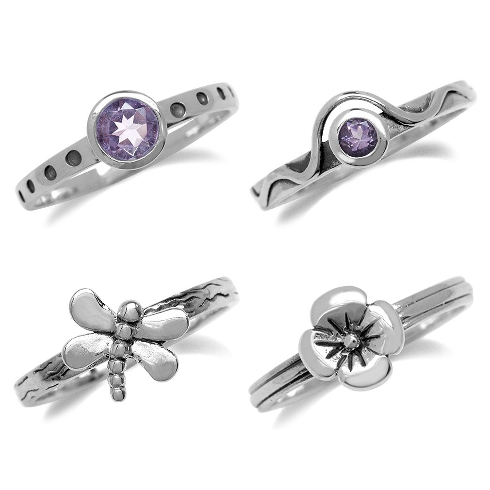 Silvershake Set of 4 Created Pink Tourmaline 925 Sterling Silver Dragonfly and Flower Stackable Gemstone Ring size 8 Jewelry for Women or Teens