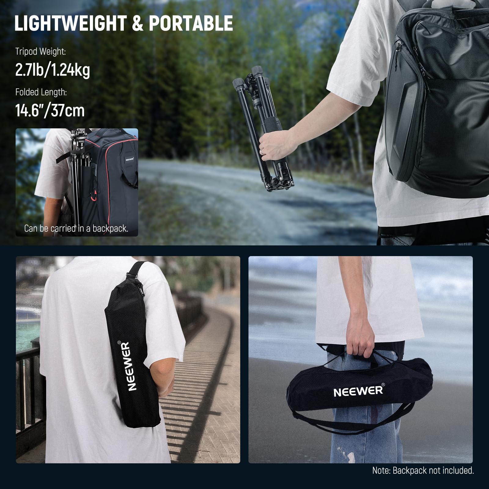 NEEWER 61.4" Video Travel Tripod with +/-10° Leveling Base Fluid Head (⌀37mm), Compact Metal Camera Tripod Stand with Quick Release Reversible Legs & Detachable Center Column, Arca Plate, TP61