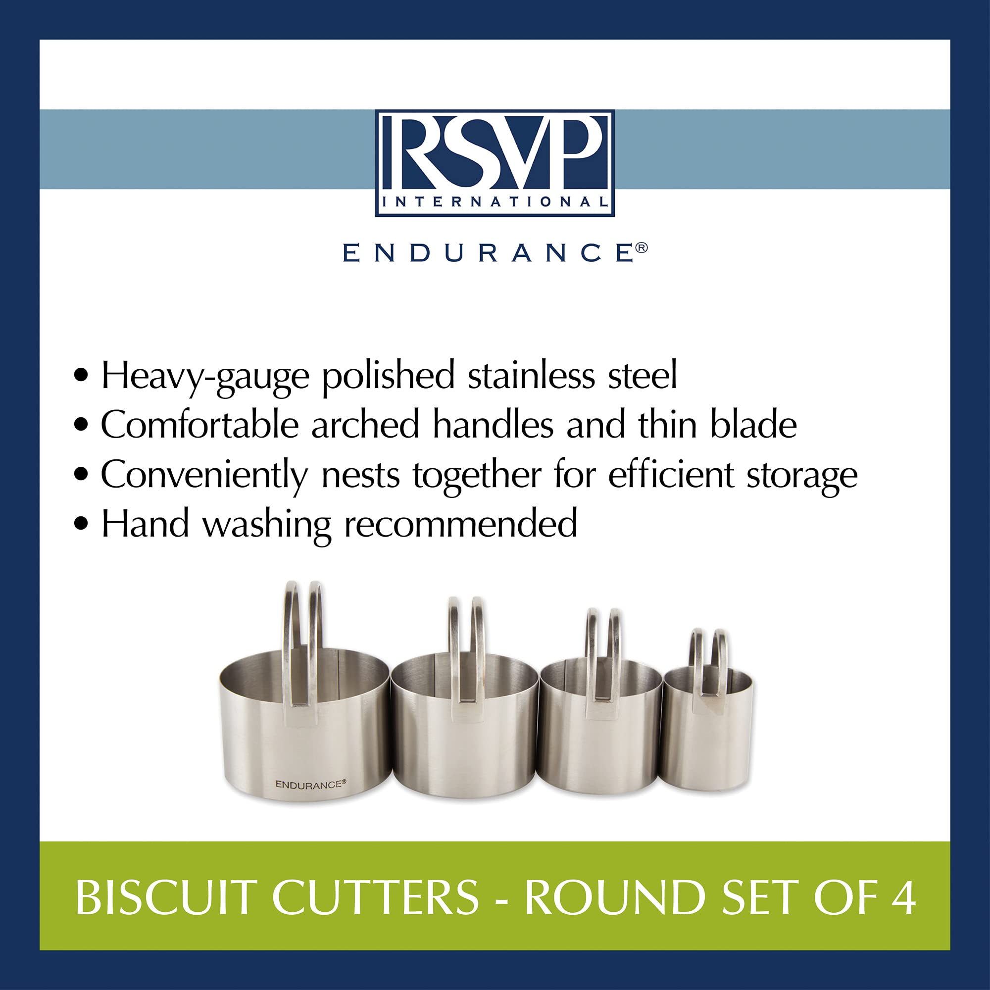 RSVP International Endurance Round Biscuit Cutters - Stainless Steel, Set of 4 | Nest for Easy Storage | For Cutting Thick or Thin Dough | Professional | High Handle Arch