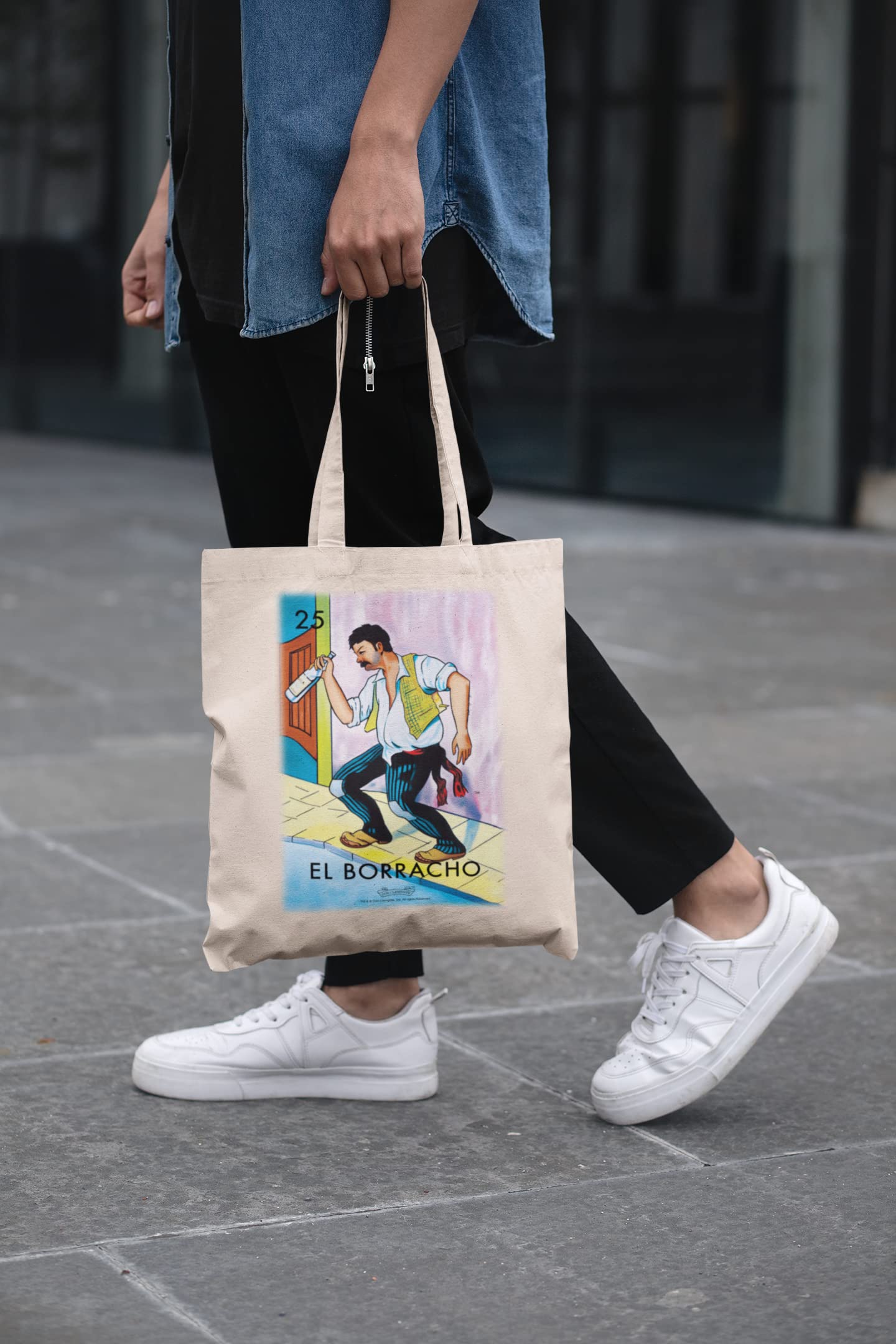 Pop Threads El Borracho Drunk Loteria Card Mexican Latina Graphic Tote Bag for Adults Black 15x15 inches
