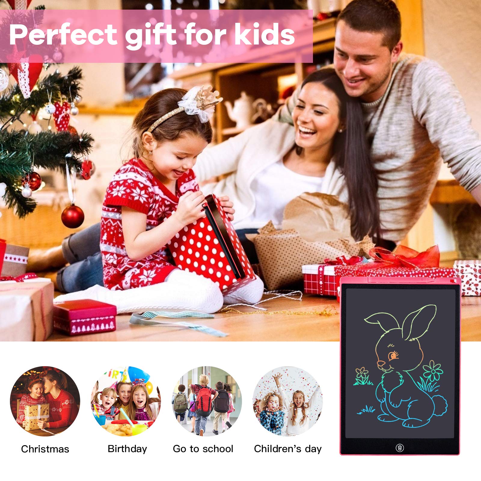 LCD Writing Tablet for Kids, 12 Inch Colorful Doodle Board Toddler Learning Toys, Christmas Birthday Gift for 3 4 5 6 7 8 9 Years Old Girls Boy