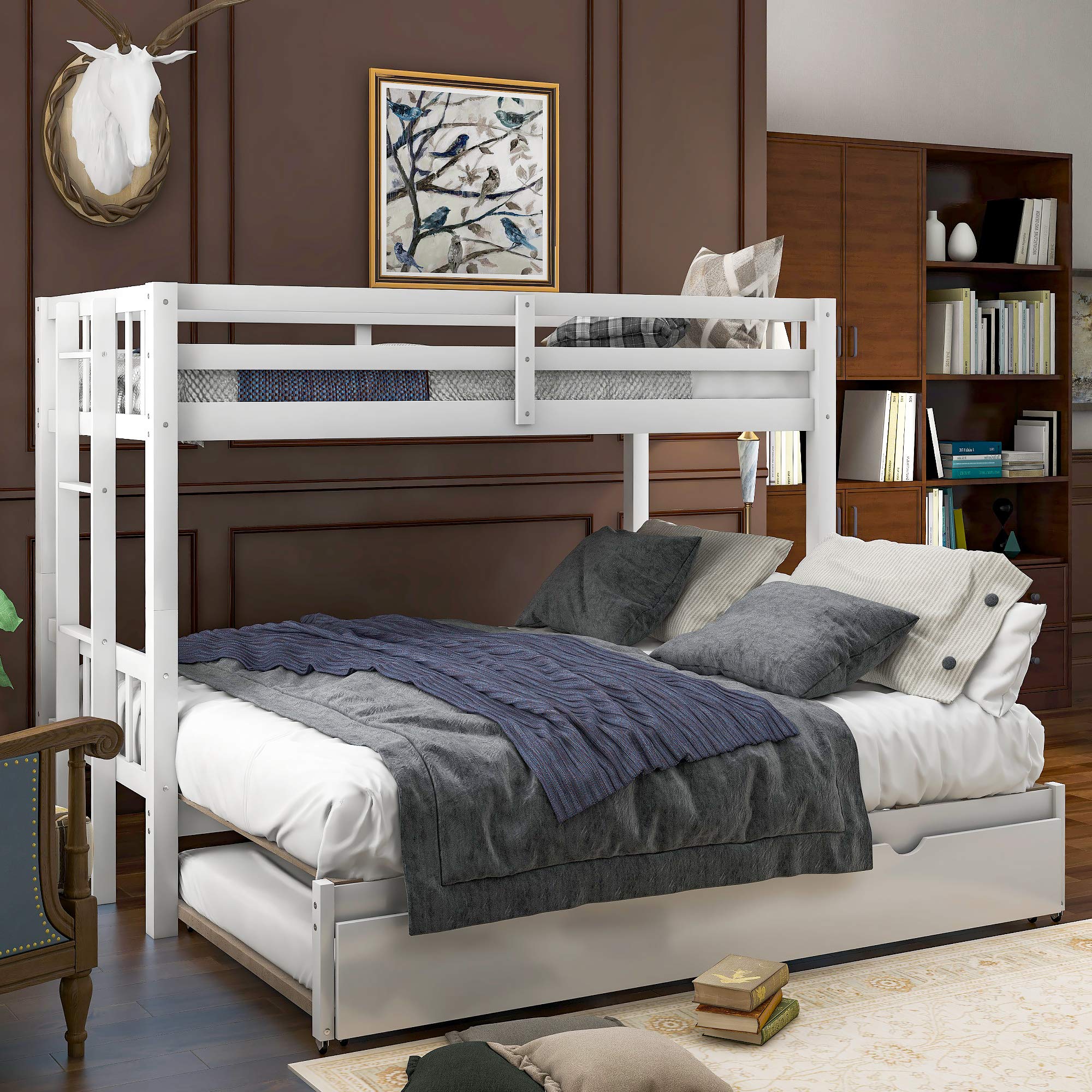 LostCat Twin Over Twin & King Bunk Bed with Trundle,Bottom Bed Can Convertible into Twin, Full, King Size,Pull-Out Multi-Functional Bunk Bed Can for 4 People, White