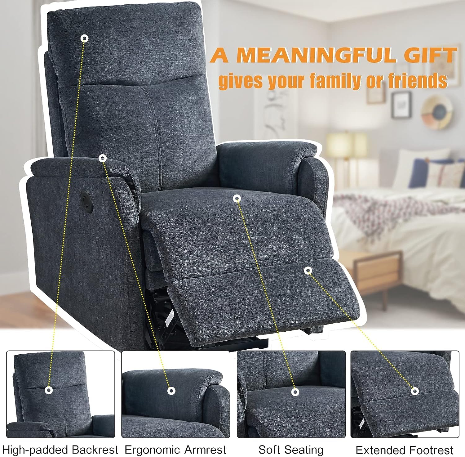 LAMXO Electric Power, Small Recliners on Clearance,Living Room Single Sofa, Home Theater Seating with USB Port,Ergonomic Lounge Chair,Dark Grey