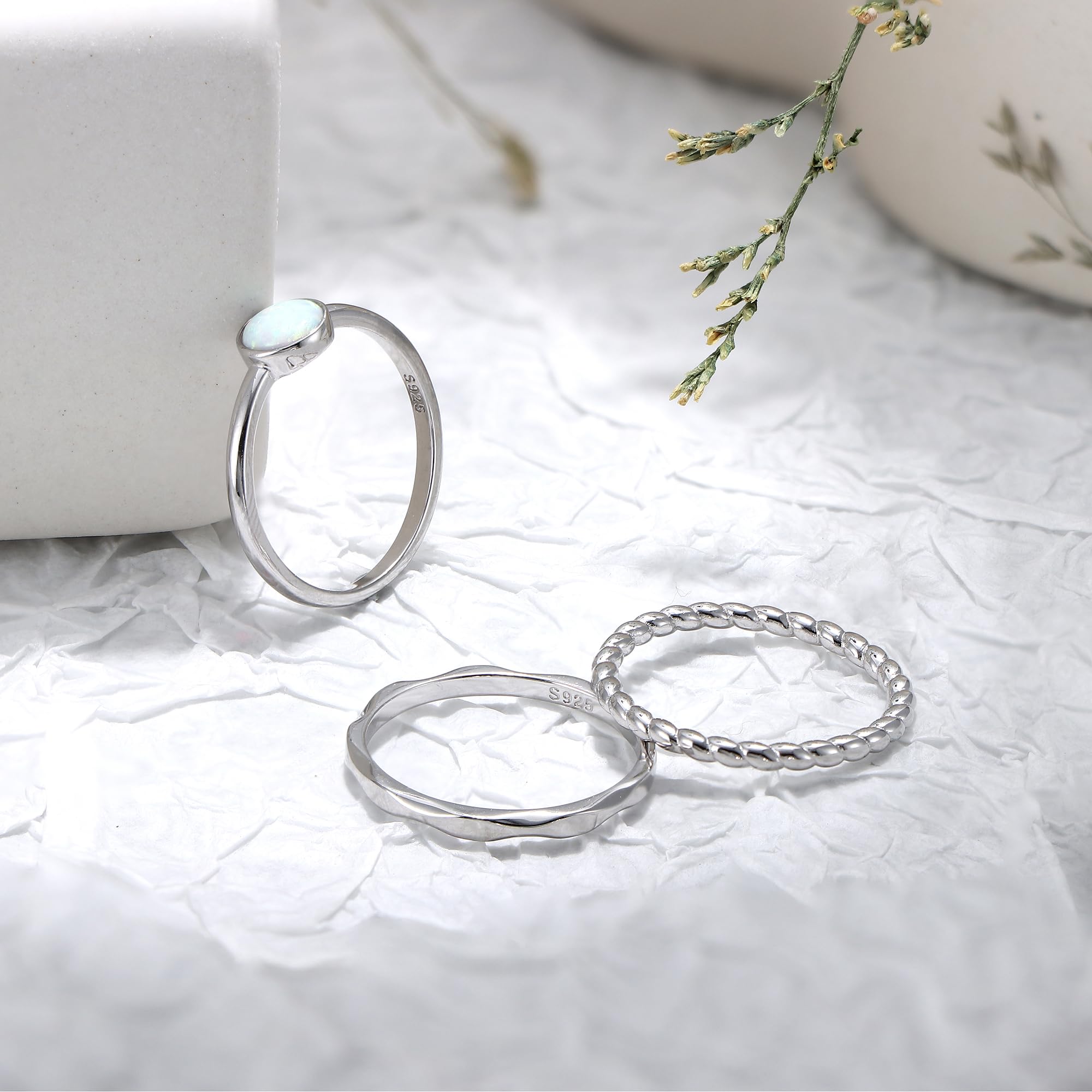 MILACOLATO S925 Sterling Silver Stackable Rings Set for Women Men 18K White Gold Plated Opal Hammered Twisted Thumb Rings High Polished Pinky Knuckle Finger Rings Wedding Band Rings Comfort Fit Size 8