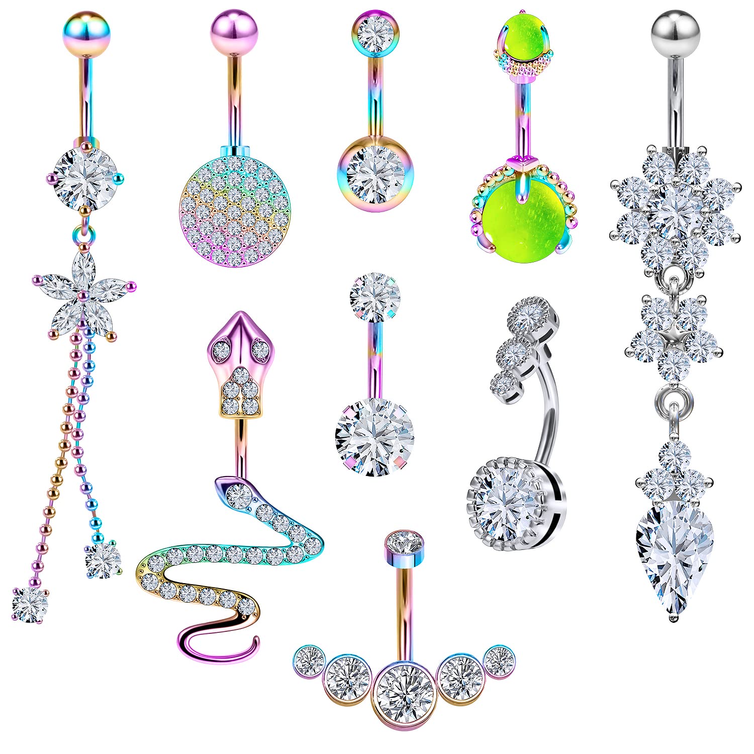 Rksndnn 14G Belly Button Rings Dangle for Women Stainless Steel Piercing Jewelry Snake Reverse Spiral With Clear Cz Navel Ring Body Rainbow (DNN-006)