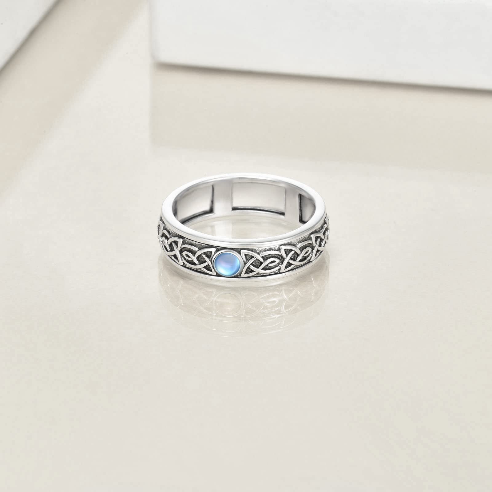 POPLYKE Sterling Silver Anxiety Spinner Rings Moonstone Celtic Ring Rotatable Mood Rings for Women Men Relieve Stress Gift(9 Size)