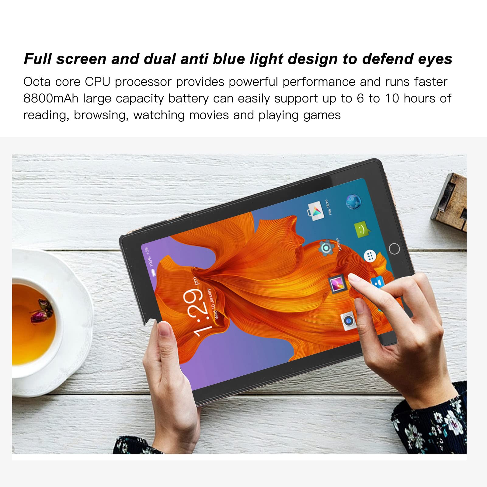Pomya Tablet 8 Inch for 10, Octa Core Processor, 4GB 64GB Storage, Dual Camera, Sim Card Slot, WiFi, 4.2, GPS, HD Voice Call, 128GB Expand, 1920x1200 IPS