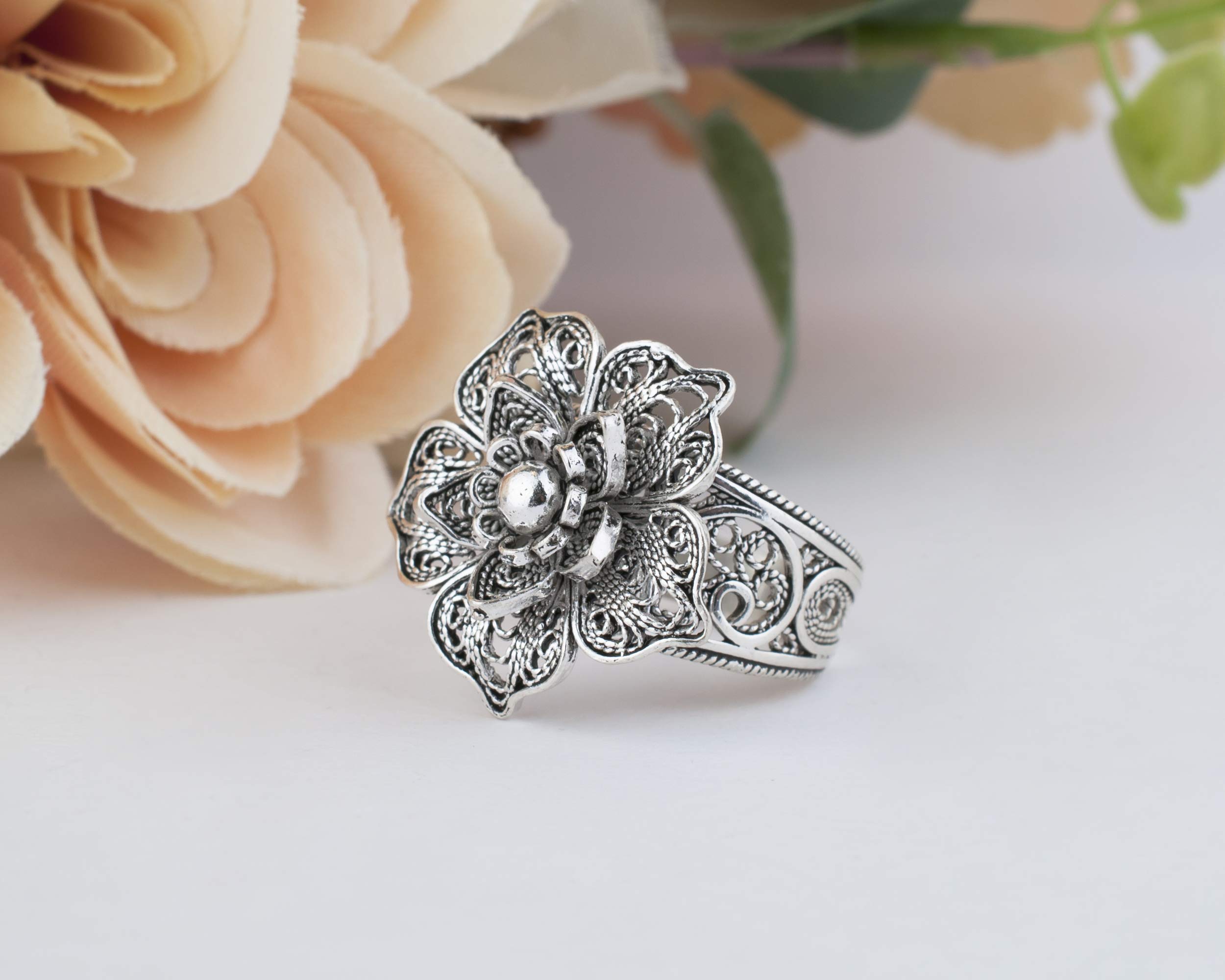 Ottoman Silver Collection 925k Sterling Silver Filigree Style Triple Layered Floral Design Ring for Women (7)