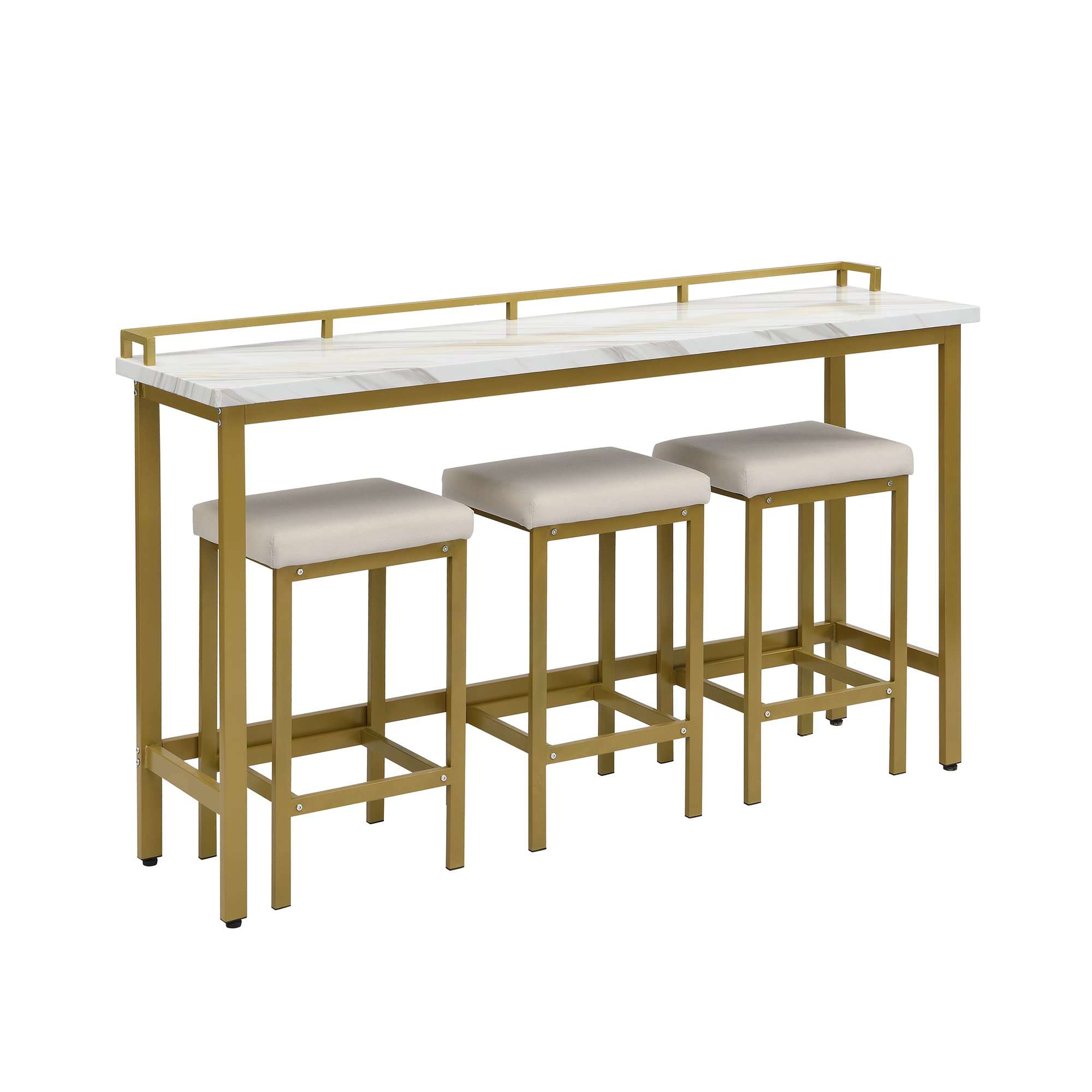 LCH Modern Style 4-Piece Counter Height Extra Long Metal Console Table Bar Kitchen Set with 3 Fabric Stools for Dining Room,Pub and Bistro,Breakfast Nook,Easy to Assemble,Gold+Beige