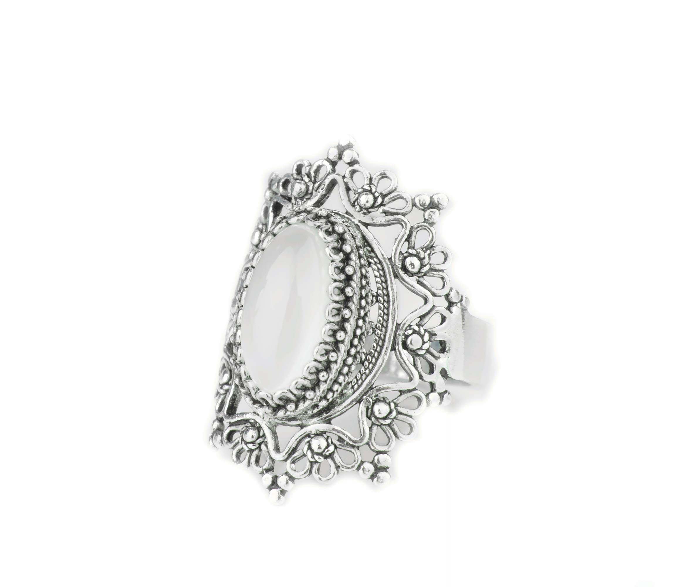 Ottoman Silver Collection 925k Sterling Silver Handmade Artisan Crafted Floral Pattern Filigree Ring with Moonstone Gemstone Unique Design for You, Mom and Your Beloved (10)