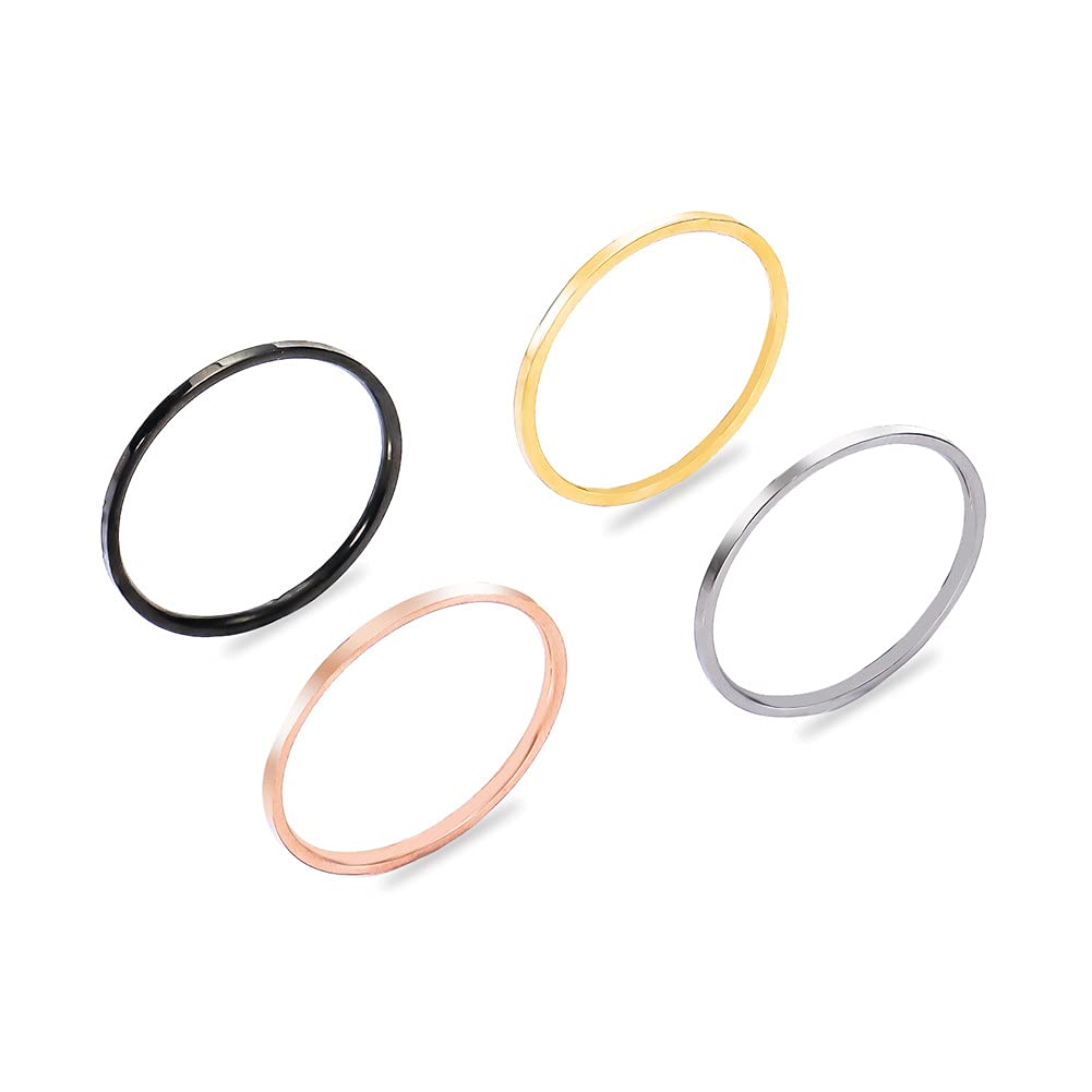 NUNCAD 4Pcs 1mm Stainless Steel Women's Plain Band Thin Knuckle Stacking Rings Comfort Fit Size 5 Steel/Gold/Rose Gold/Black Tone