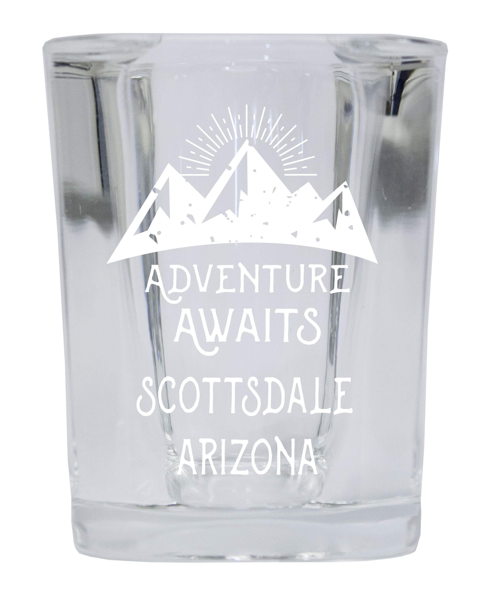 R and R Imports Scottsdale Arizona Souvenir Laser Engraved 2 Ounce Square Base Liquor Shot Glass Adventure Awaits Design