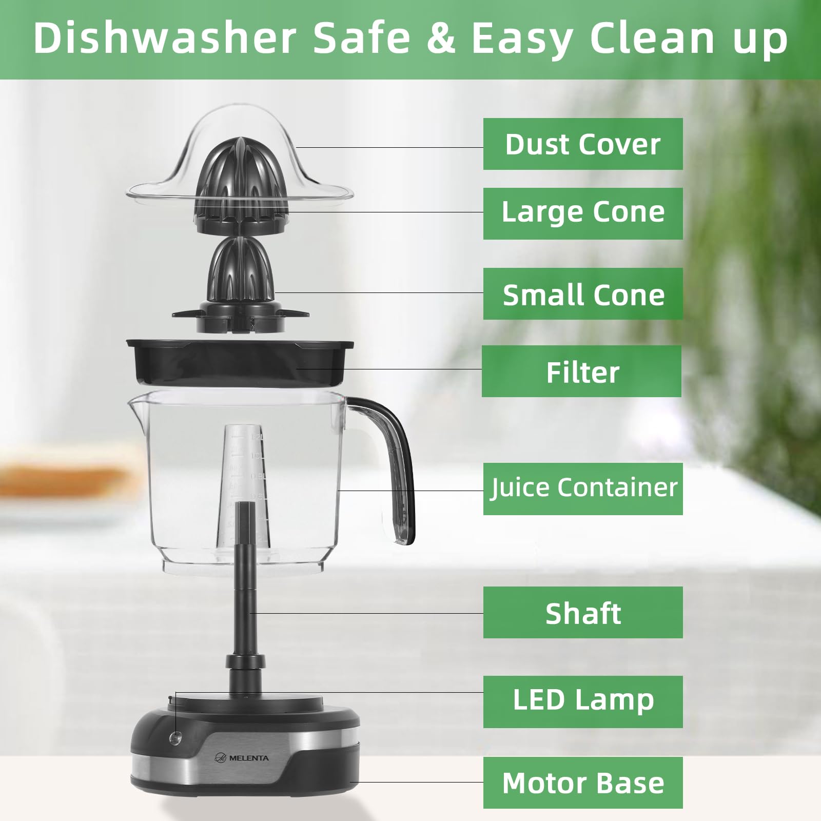 M MELENTA Electric Citrus Juicer Machine, 1.2L Large Volume Lemon Squeezer with Powerful & Quiet Motor, Pulp Control, Easy to Clean, Orange Juicer for Grapefruits, Limes, Oranges and Lemons, Green
