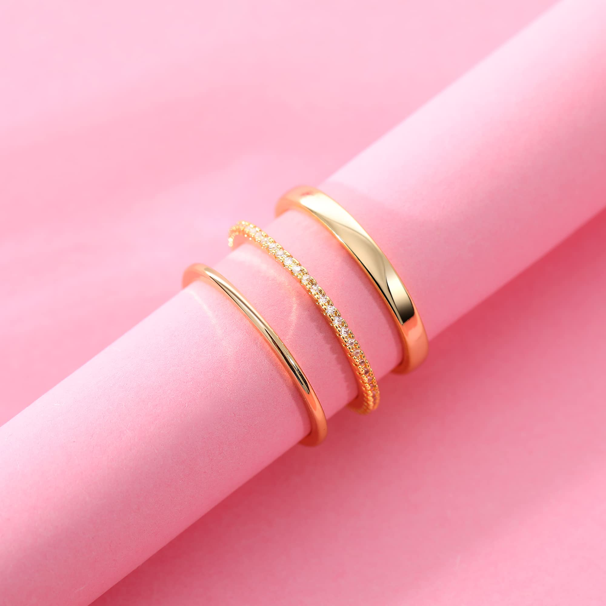RLMOON 3PCS 14K Gold Plated Rings Stacking Ring for Women Gold Thin Plain Ring Band Stackable Thumb Pointer Finger Ring Statement Comfort Fit Size 7