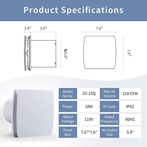 Zeyzer Exhaust Fan 110 CFM 1.0 Sones 5.9" Duct White Square Quiet Powerful Ceiling or Wall-Mount Ventilation Fan for Bathroom/Corridor/Office/Laundry Room/Shop
