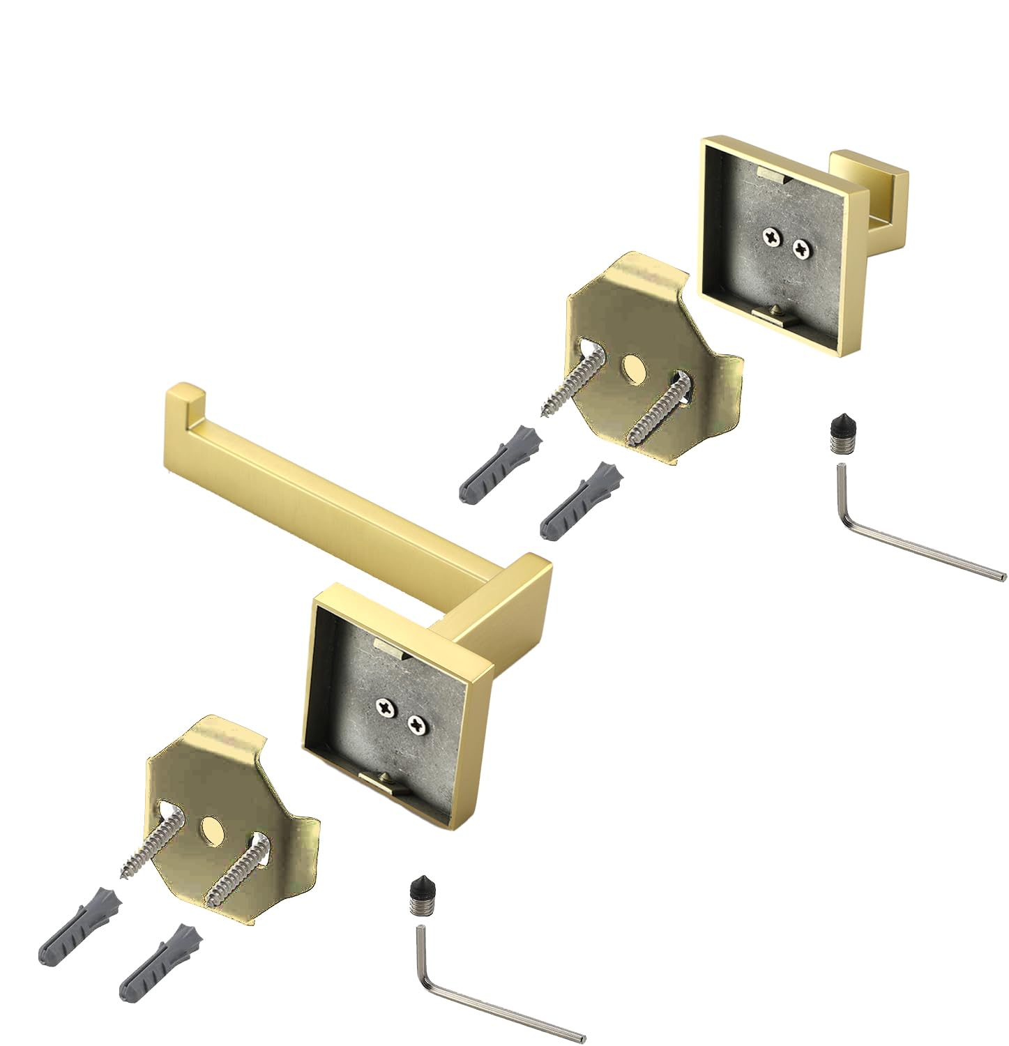 LANC 4 Piece Gold Bathroom Hardware Set, Square Brushed Gold 2 Pack Toilet Paper Holder and 2 Robe Towel Hooks, Stainless Steel Wall Mounted 2 Tissue Roll Holder and Coat Hooks Hanger, A8857BG