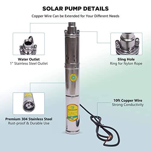 Submersible Deep Well Pump Solar Water Pump DC 24V 370W Stainless Steel Screw Pump, 213ft Lift 8.8GPM Flow, Agricultural Irrigation Pump Solar Water Circulating System