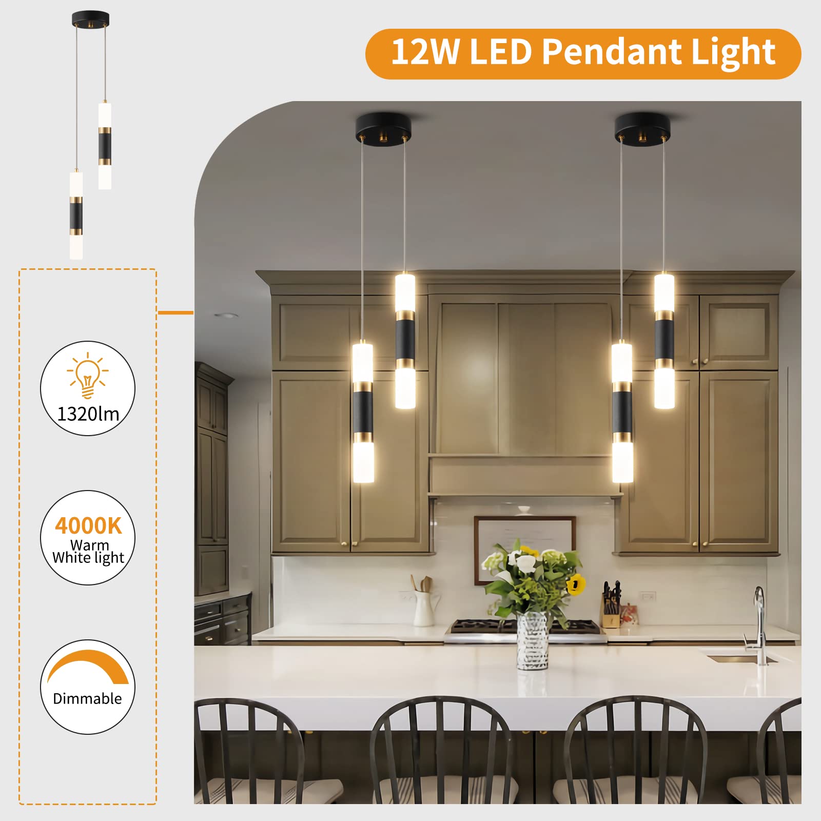 LIANGMH 2-Light Modern Kitchen Island Dimmable LED Modern Black Gold Mini Pendant Light, Bedroom Bedside Table Black Small Pendant Light