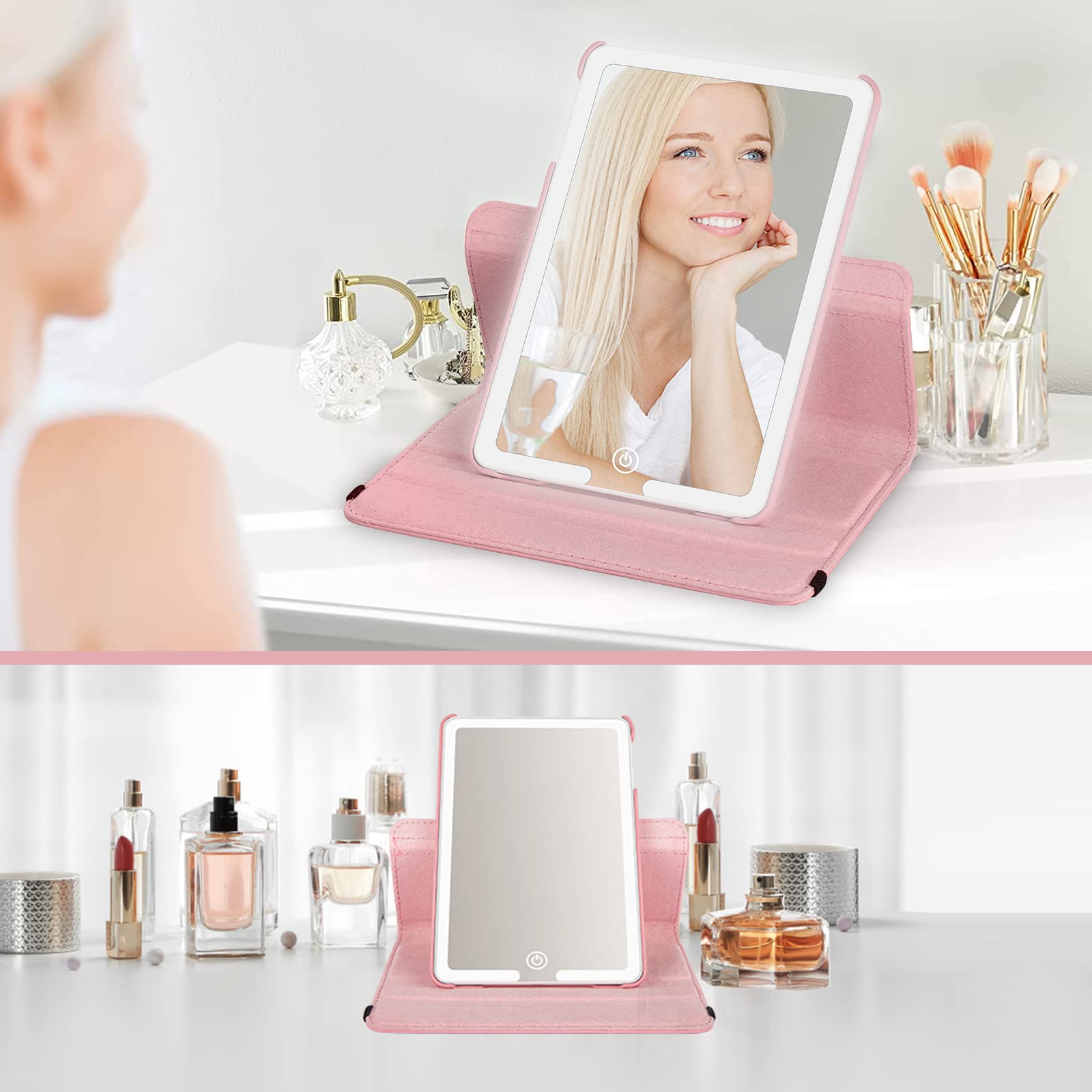 Travel Makeup Vanity Mirror with 72 LEDs ||Drop Protection|| 360° Rotation Lighted Folding Cosmetic Beauty Mirror, Touch Control 3 Colors Light Modes, USB Rechargable, Ultra Thin Tabletop Mirror