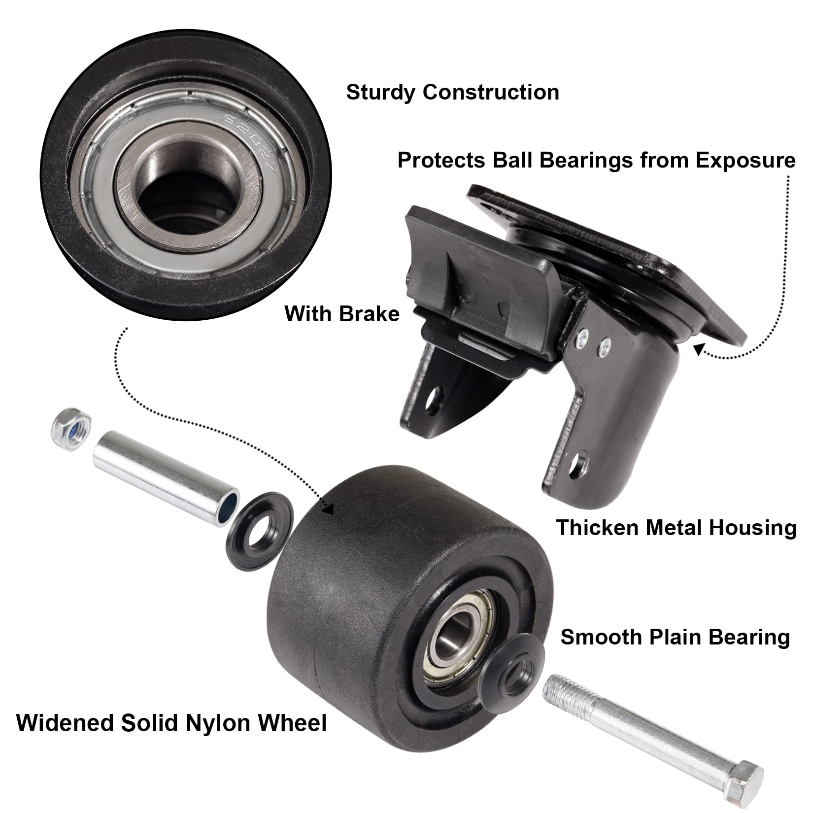 W B D WEIBIDA Plate Swivel Caster Wheels 3-inch Heavy Duty of 4400lbs, Low Gravity Center Design Black Caster Wheels with Brake, Durable & Quiet & Sturdy Nylon Wheels for Industrial, Set of 4