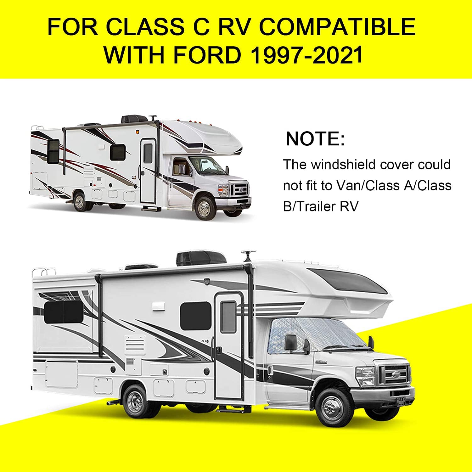 MOFEEZ RV Windshield Cover Compatible with Class C Ford 1997-2021, UV Block Offer Complete Privacy with Light Preserves Interior (White Color with Mirror Cutouts)