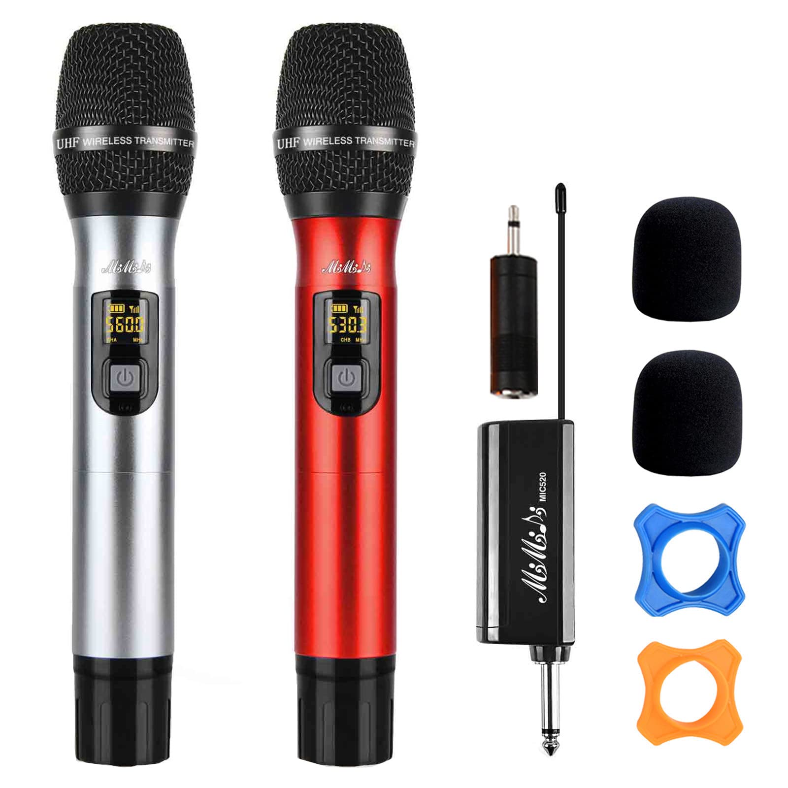 MIMIDI Wireless Microphone - Dual Handheld UHF Portable Dynamic System with Rechargeable Receiver, Karaoke Mic for Singing Machine,PA,Speaker,Party,Church,Meeting,260ft (Silver+Red)