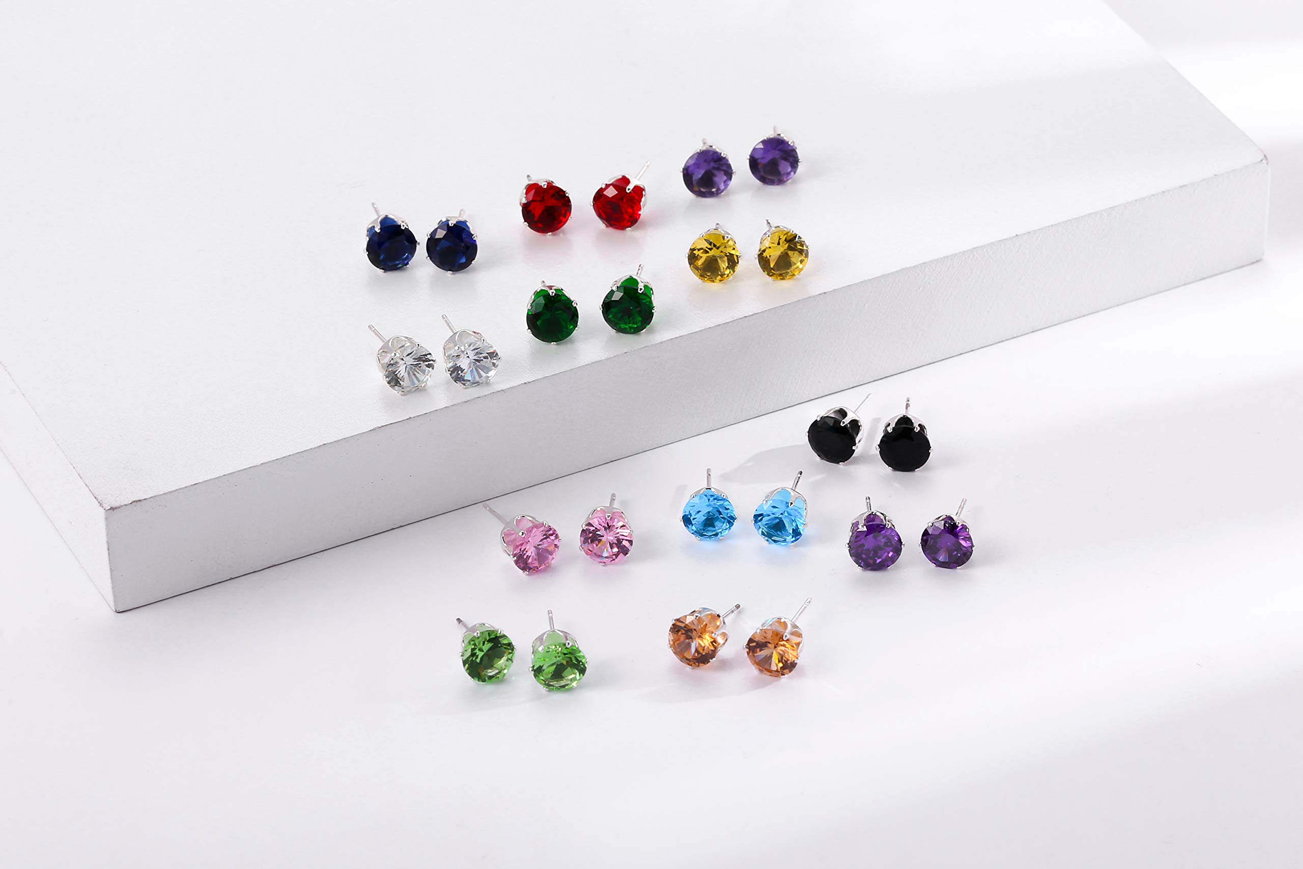 MOOCHI 12 Pairs AAAA Quality Round CZ Stud Earrings Set 5mm Solid Color Gemstones Silver Plated Brass Hypoallergenic Piercing Earring for Women Girls