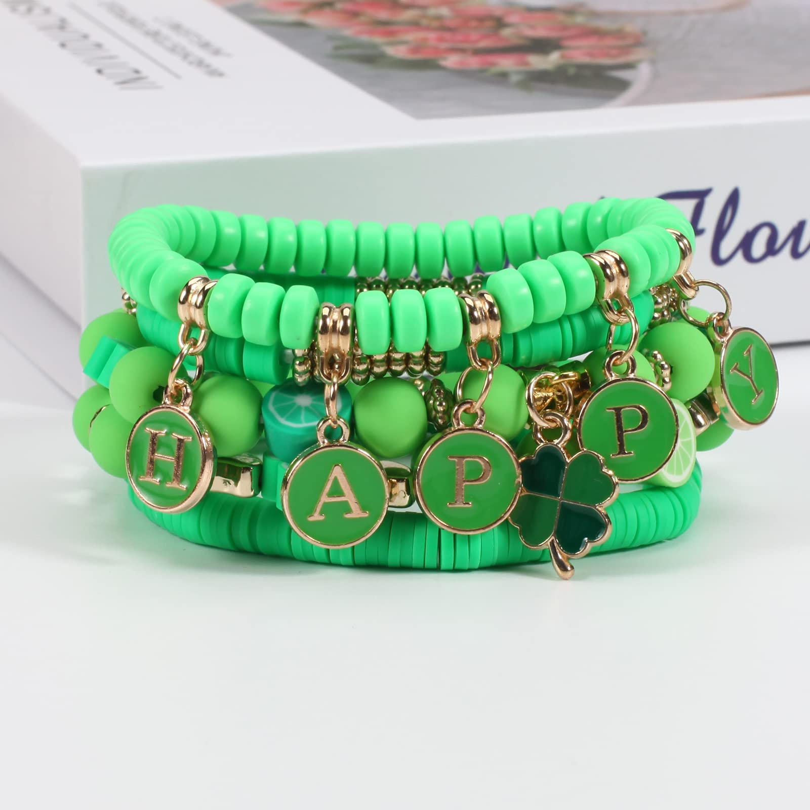 Twinfree St. Patrick's Day Bracelets for Women Stretch Stackable Green beads Bracelet with Shamrock HAPPY Letters