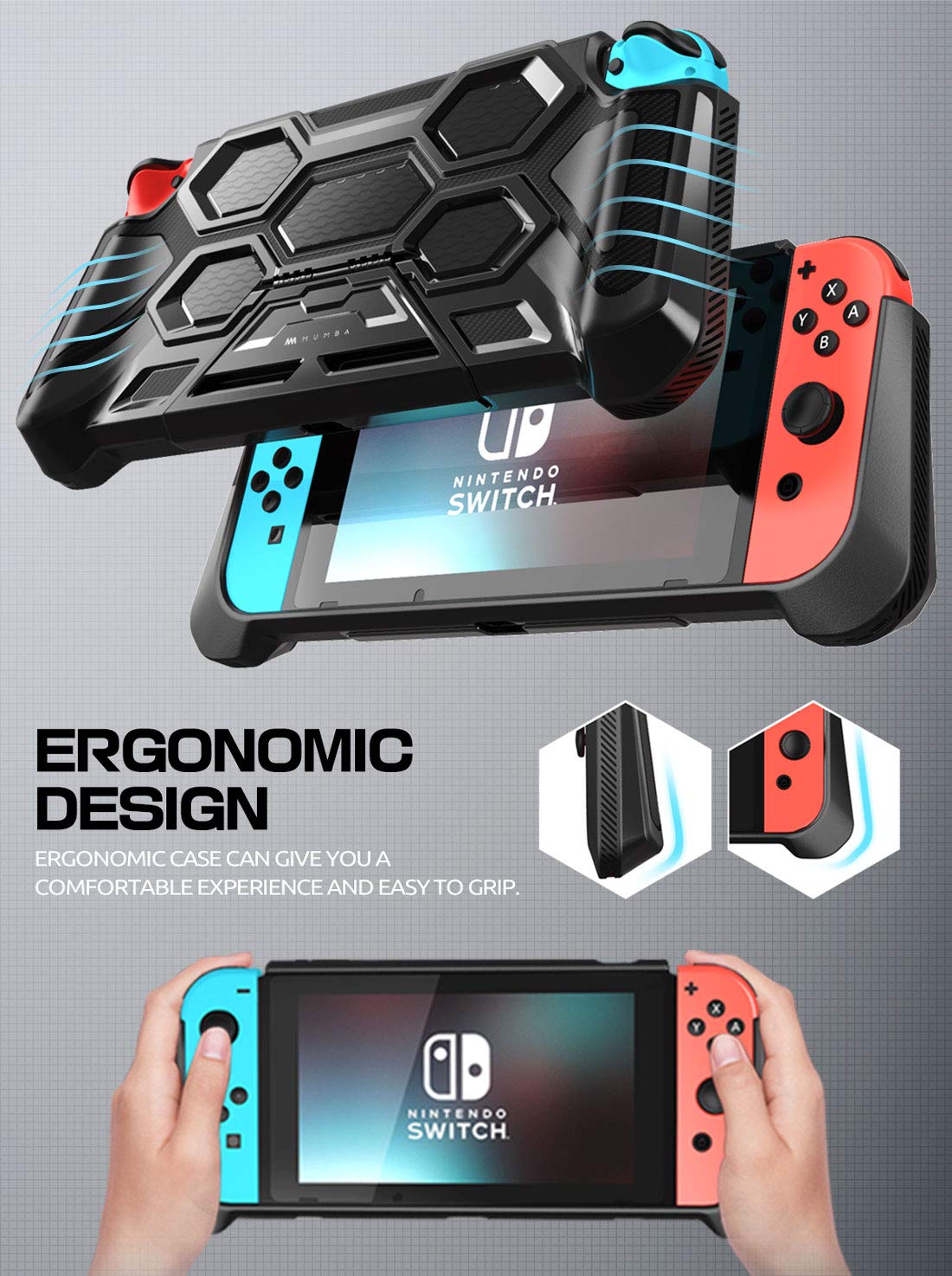 Mumba Protective Case for Nintendo Switch, [Battle Series] Heavy Duty Grip Cover for Nintendo Switch Console with Comfort Padded Hand Grips and Kickstand (Black)