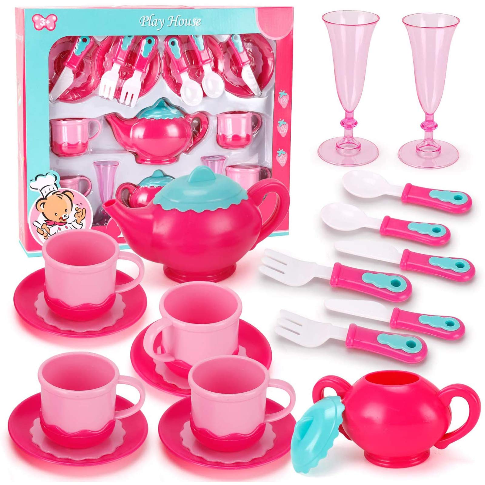 Liberty Imports Deluxe Pink Tea Set for Kids Pretend Play with Tea Pots, Cups, Dishes and Kitchen Utensils (18 pcs)