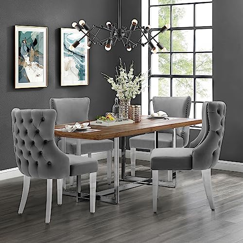 LOULENS Luxurious Velvet Dining Chairs Set of 4, Modern Upholstered Tufted Dining Room Chairs with Stainless Steel Legs, Dark Grey