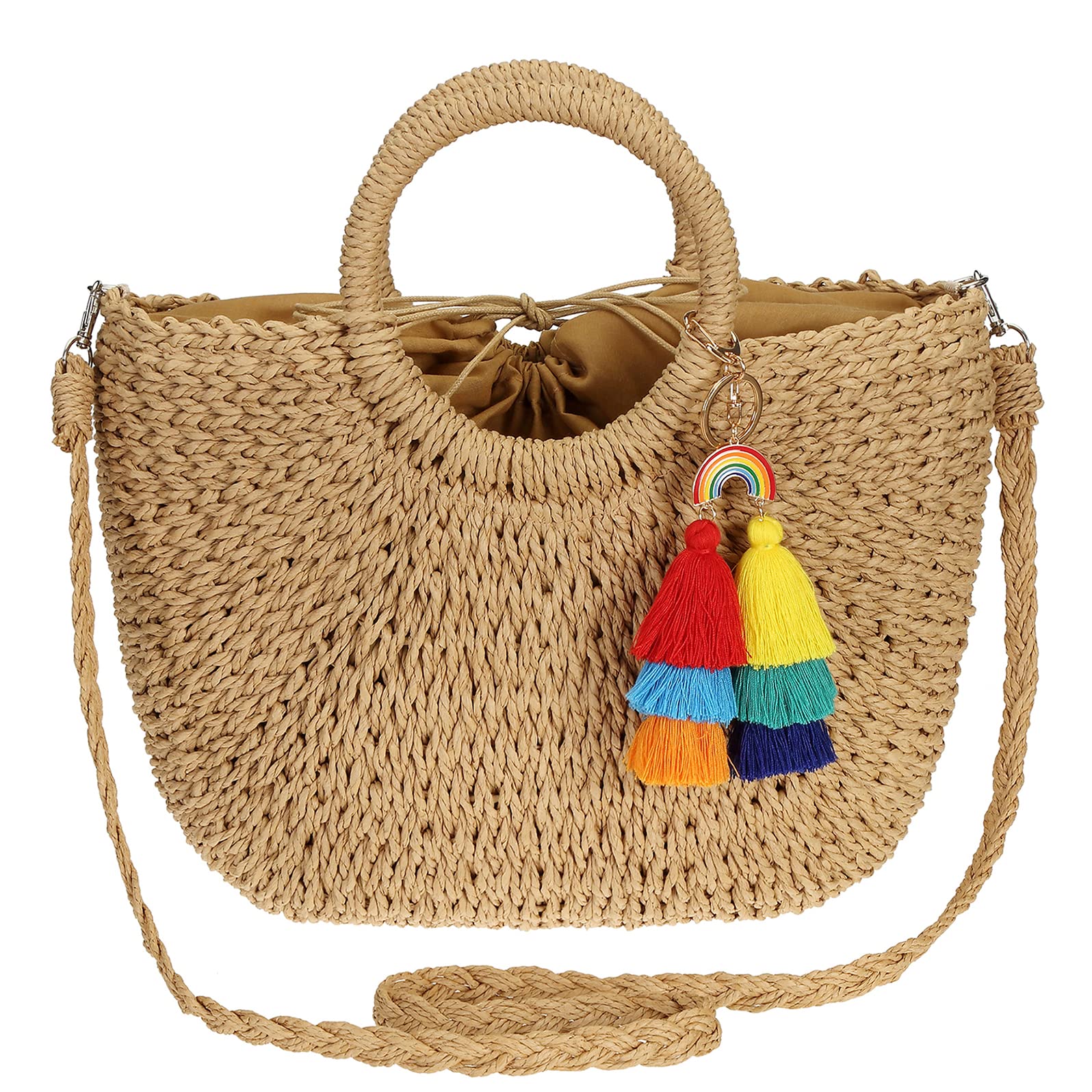 So'each Women's Handmade Rattan Large Size Straw Tote Shoulder Bag Khaki