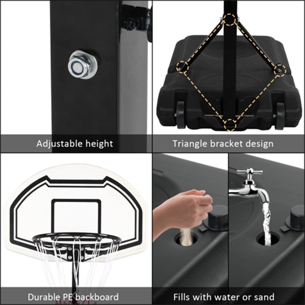 Portable Poolside Basketball Hoop w/Wheels, 45”-53” Height-Adjustable Basketball Stand System w/PP 28” Backboard, 15” Steel Rim & Fillable Base