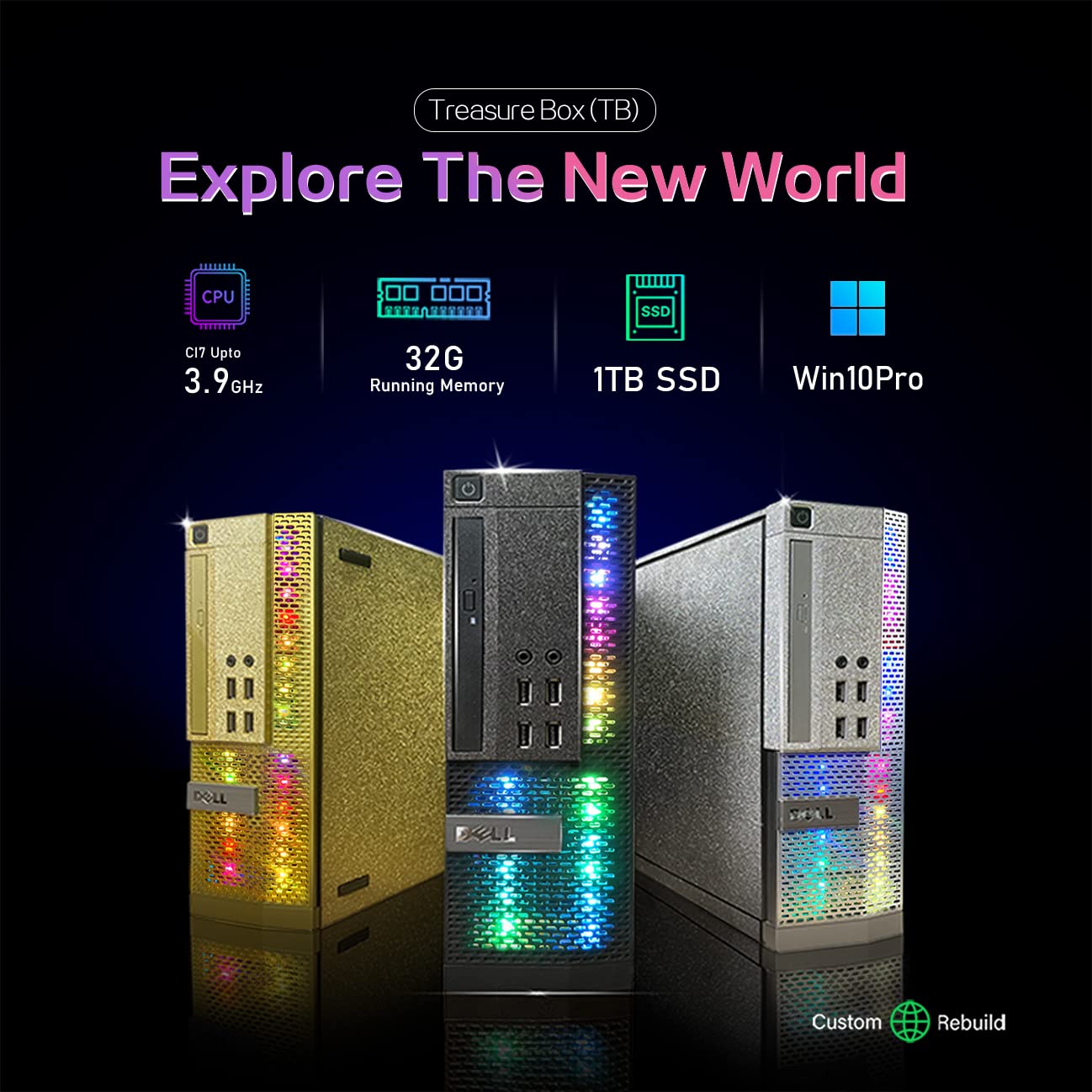 Treasure Box Silver RGB SFF Desktop with Quad Core I7 Upto 3.9G, HD Graphics 4600 4K Support, 32G, 1T SSD, DP, VGA, RGB Keyboard Mouse, DVD, WiFi, BT 5.0, Win 10 Pro (Renewed)