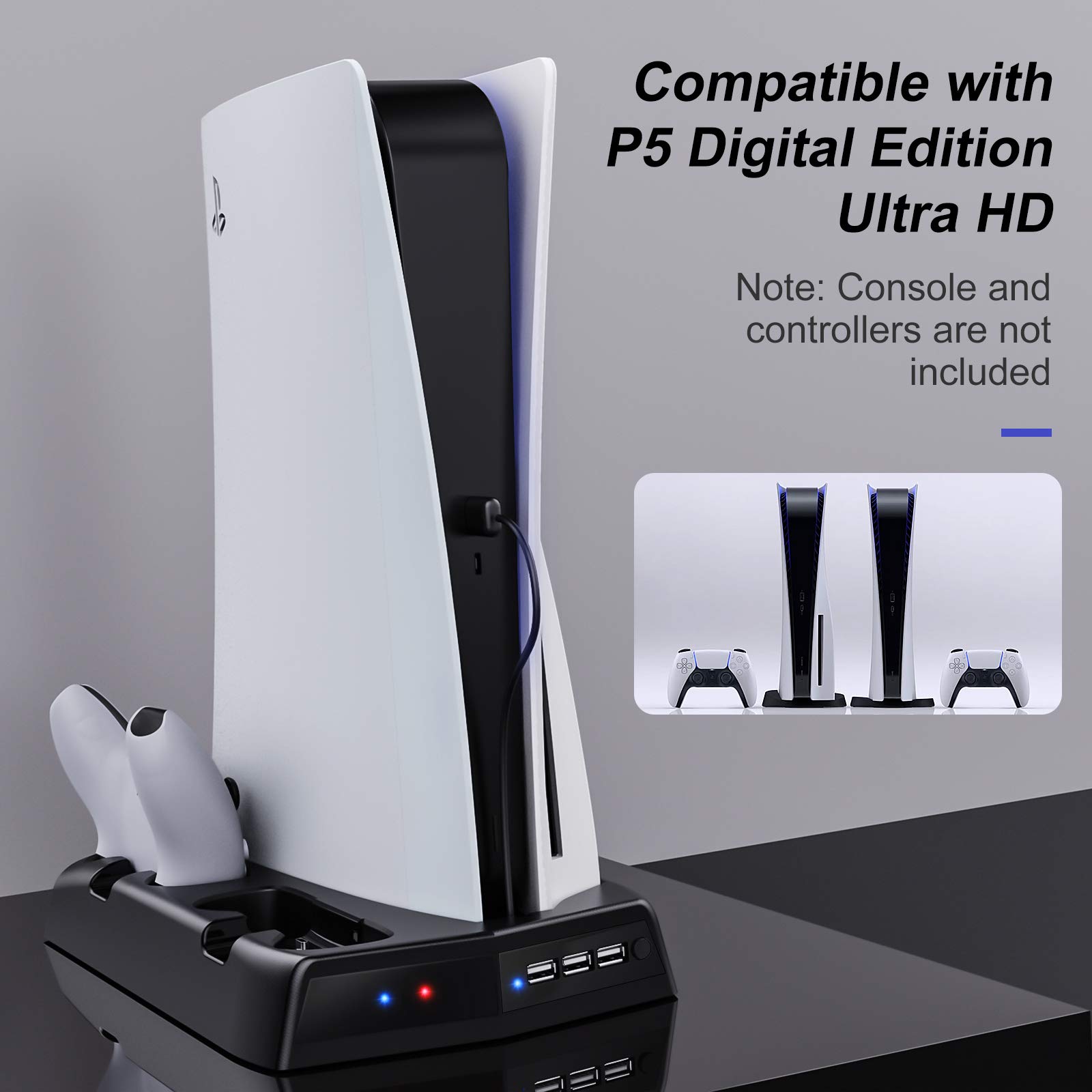 MoKo Cooling Fan Vertical Charger Stand for PS5, 3 in 1 Charging Station Dock Compatible with Sony Playstation 5 Digital Edition/Ultra HD Console & DualSense Controllers with 14 Game Slots 3 USB Ports