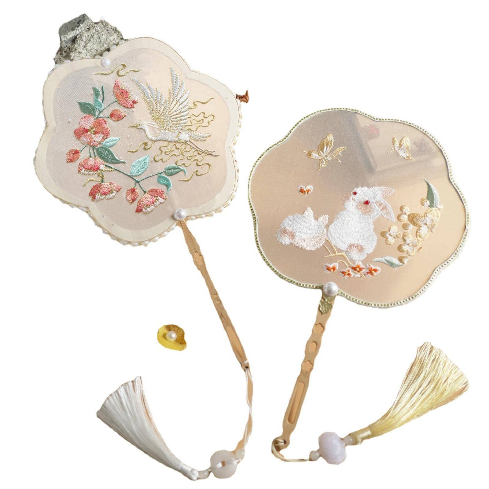 SAXTZDS Ancient Style Palace Fan Classical Embroidery Fan Wind Long and Short Handle Round Special-Shaped Group Fan Embroidery Fan