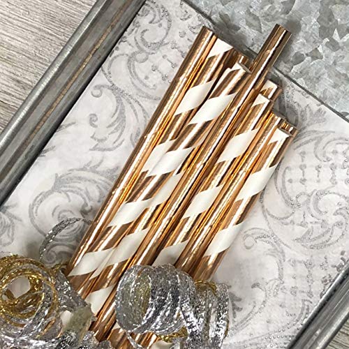 Rose Gold Solid and Stripe Foil Paper Straws - 7.75 Inches - 100 Pack - Outside the Box Papers Brand